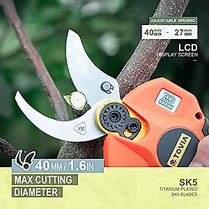 Cordless Pruning Shears, Electric Pruner with 7.5 Foot High Reach Extension Pole, Tool Belt, 2 Pack 25V Lithium Battery, SK5 Blades, 1.6 Inch Cutting Diameter, LCD Display Screen