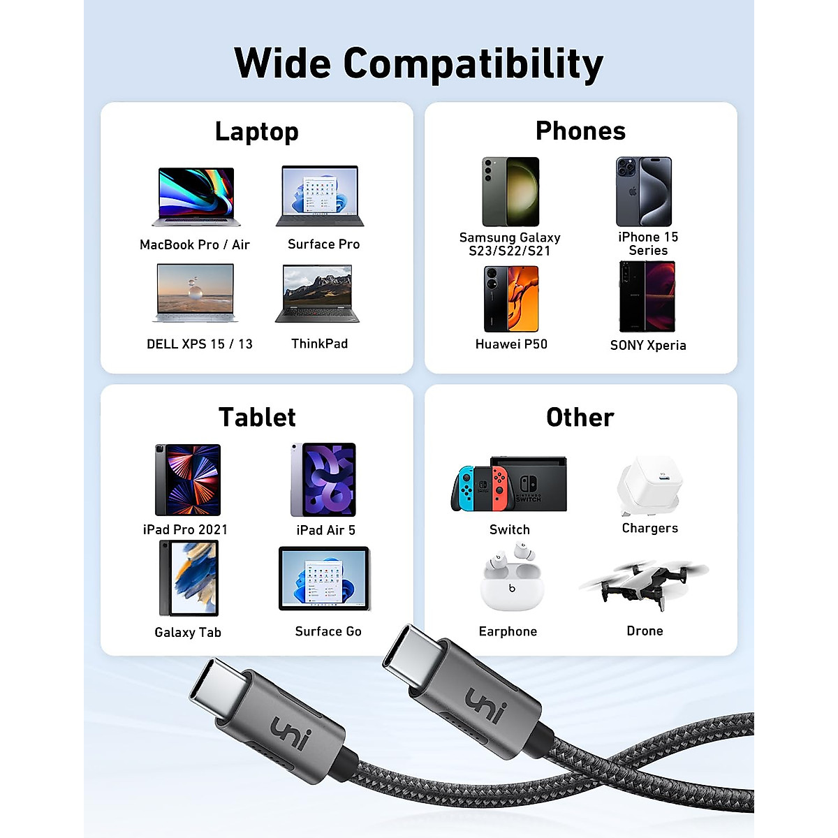 uni 100W USB C to USB C Cable 6.6ft, USBC to USBC Cable PD Fast Charging Cable, USB C Charger Cable (5A 20V) Compatible with Samsung Galaxy S24, iPhone15/Pro/Plus/ProMax, MacBook Air/Pro, iPad Pro