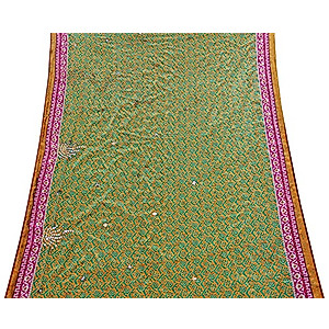 Peegli Women's Vintage Orange Floral Saree Indian Fabric DIY Crepe Silk 5 Yards Sari