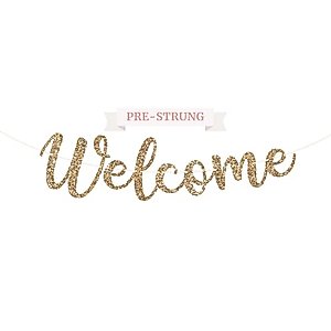 Pre-Strung Welcome Banner - NO DIY - Gold Glitter Welcome Banner in Script - Pre-Strung on 6 ft Strand - Classroom, Office, Front Door, Baby & Bridal Showers Party Decorations. Did we mention no DIY?