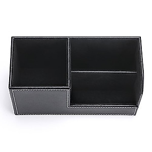 BTSKY PU Leather Desk Pen Pencil Holder- Multi-functional Desktop Organizer Storage Box Business Card Pen/Pencil Mobile Phone Remote Control Stationery Holder Home Office Table Top Organization Decor(black)