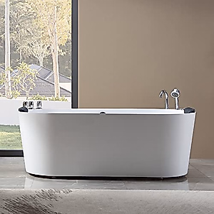 Whirlpool Bathtub 59 in. Acrylic Freestanding Bath Tub Hydromassage Gracefully Oval Shaped 8 Water Jets Soaking SPA, Double-Ended Massage Bathtubs with Two Black Pillow , White