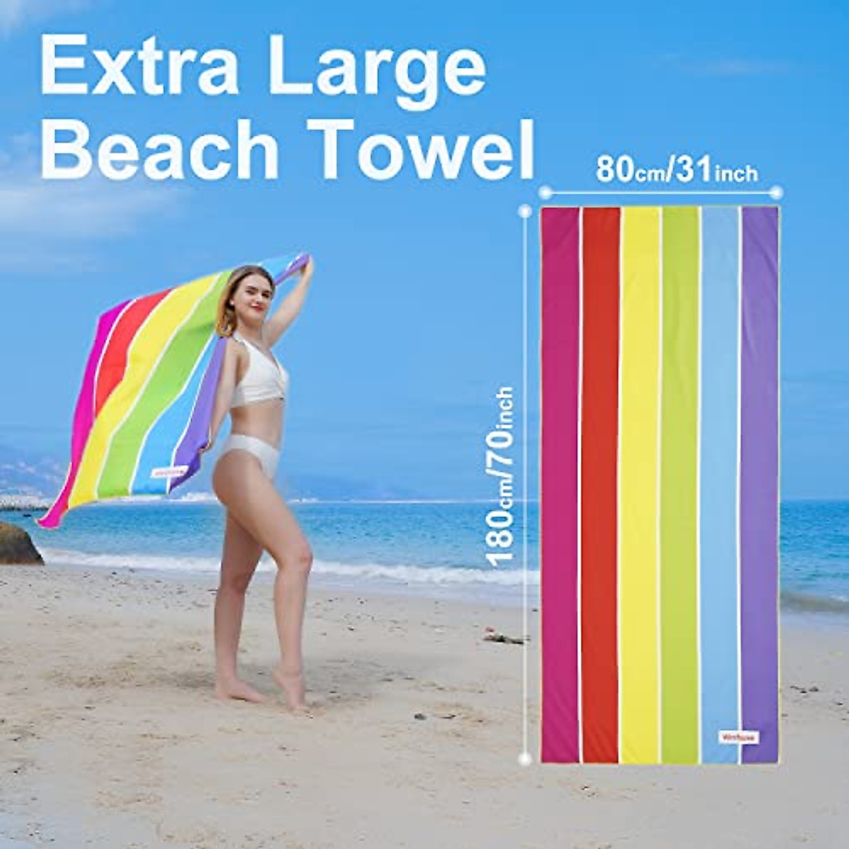 Winthome Rainbow Beach Towel Microfiber，31”x 70” Oversized Beach Blanket Quick Dry Sand Free Lightweight Large Travel Towel for Adult Beach Gifts for Travel, Swim, Camping, Holiday