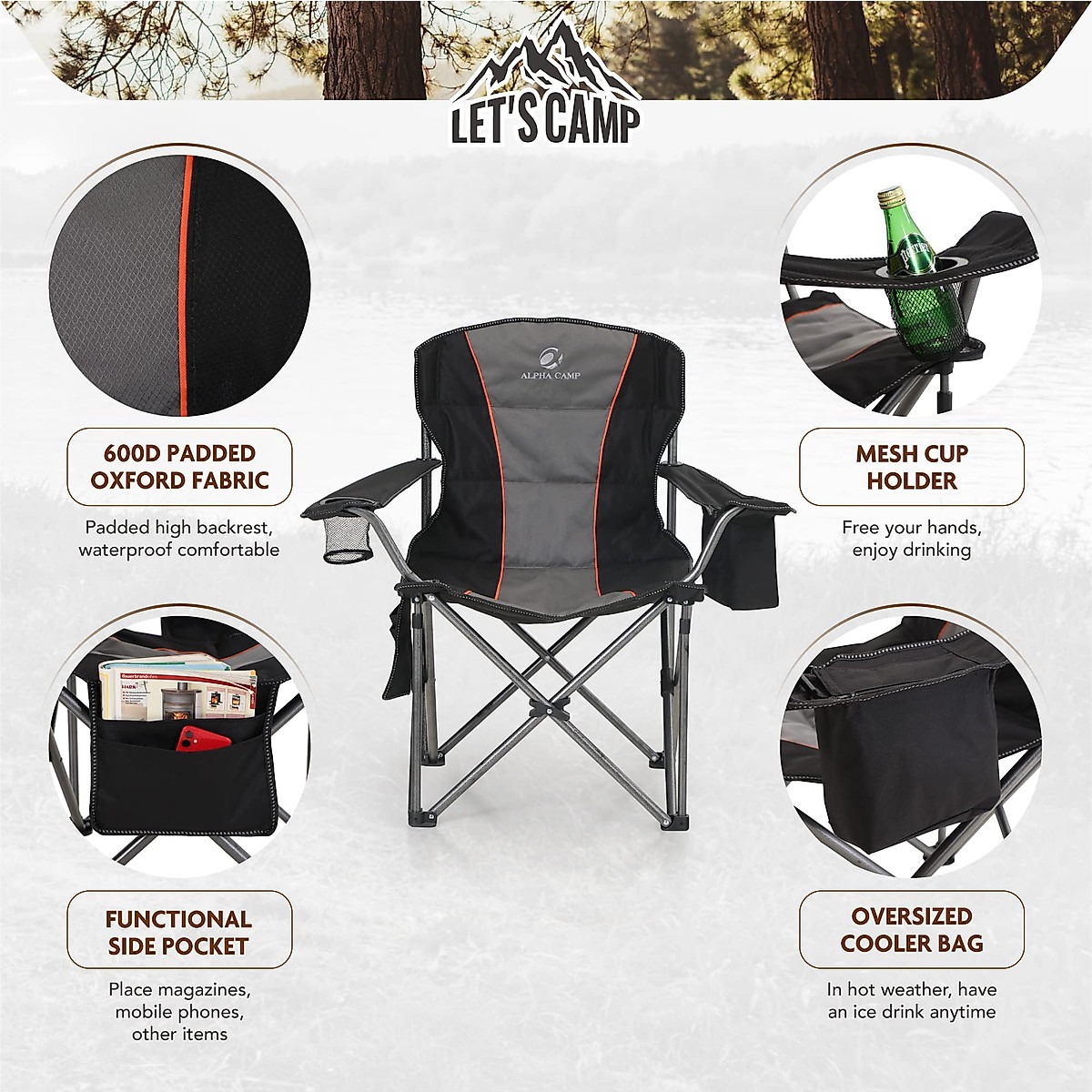 ALPHA CAMP Folding Camping Chair Oversized Heavy Duty Padded Outdoor Chair with Cup Holder Storage and Cooler Bag, 450 LBS Weight Capacity, Thicken 600D Oxford, Black