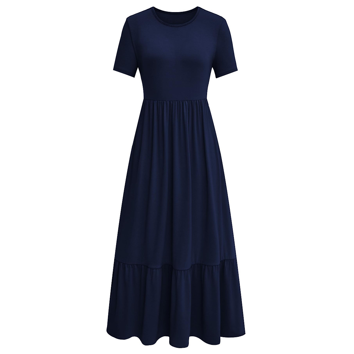 LILLUSORY Womens Short Sleeve Crew Neck Tiered Flowy Swing Midi Dresses with Pockets Navyblue