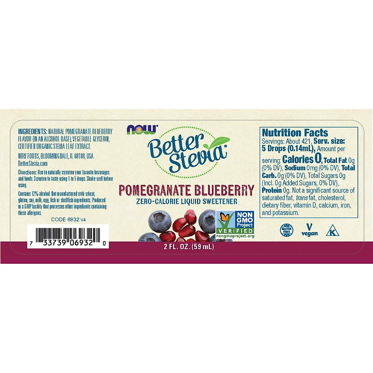 NOW Foods BetterStevia Pomegranate Berry Zero-Calorie Liquid Sweetener, Keto Friendly, Suitable for Diabetics, No Erythritol, 2-Ounce