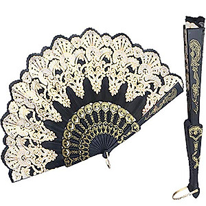 RAZZUM Folding Hand fansFolding Flower Lace Hand Held Fan，Luxury Fashion Hot Stamping Fan，Black Wedding Dance Party Silk Fans Chinese Fans Fan (Color : C)