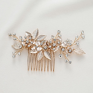 SWEETV Light Rose Gold Wedding Hair Comb Clip,Handmade Bridal Hair Accessories for Women Wedding