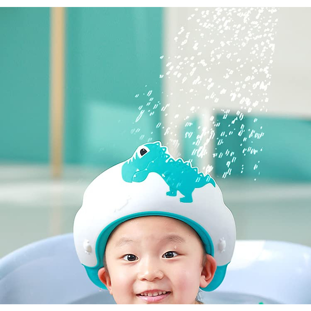 Baby Shower Cap for Washing Hair, Cartoon Dinosaur Kids Bath Hat Protect Baby’s Eye and Ear, Shampoo Visor Shield for Toddler Kids Child Infant, Blue