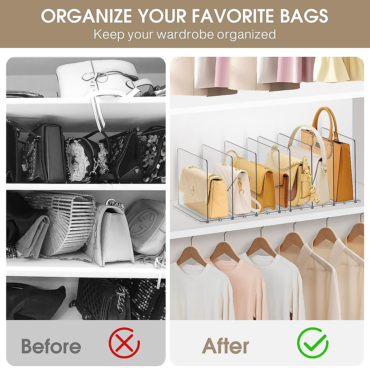 DoubleCare Adjustable Purse Organizer for Closet, Clear Handbag Organizers for Closets, Purse Bag Dividers for Closet, Purse Holder, Bookshelf for Bedroom, Office,8LAYER…