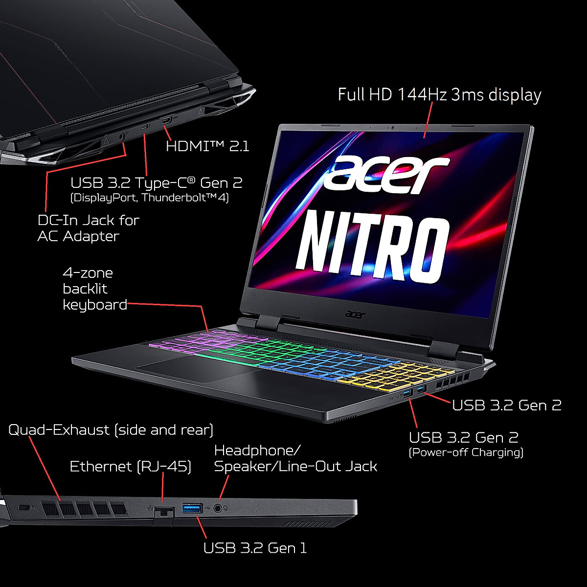 Acer Nitro 5 AN515-58-725A Gaming Laptop | Intel Core i7-12700H | NVIDIA GeForce RTX 3060 GPU | 15.6" FHD 144Hz 3ms IPS Display | 16GB DDR4 | 512GB Gen 4 SSD | Killer Wi-Fi 6 | RGB Keyboard