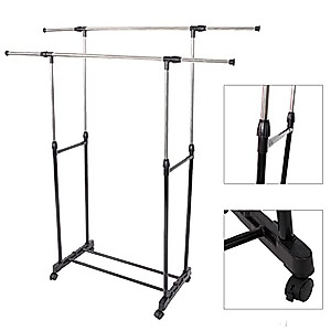 Ymlpre Standard Clothing Garment Rack Double Rail Rolling Clothes Rack with 4 Wheels and Bottom Shelves Hanging Clothes Organizer Stand Rack, Height Adjustable, Dual Black-Silver