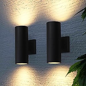 LEONLITE Modern Outdoor Cylinder Wall Lights, Porch Light in 2 Lights, Up Down Lights Outdoor, Matte Black Waterproof Wall Sconce, Aluminum, E26 Base, Exterior Light Fixture Wall Mount, ETL, Pack of 2