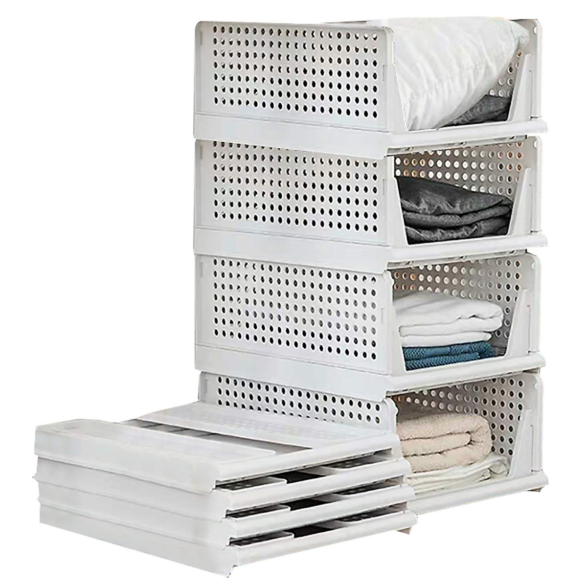 jocabo Folding Wardrobe Storage Box 4-Pack Plastic Drawer Organizer Stackable Shelf Baskets Cloth Closet Containers Bin Cubes,Home Office Bedroom Laundry Fold Pull Out Dividers for Clothes,Toys White