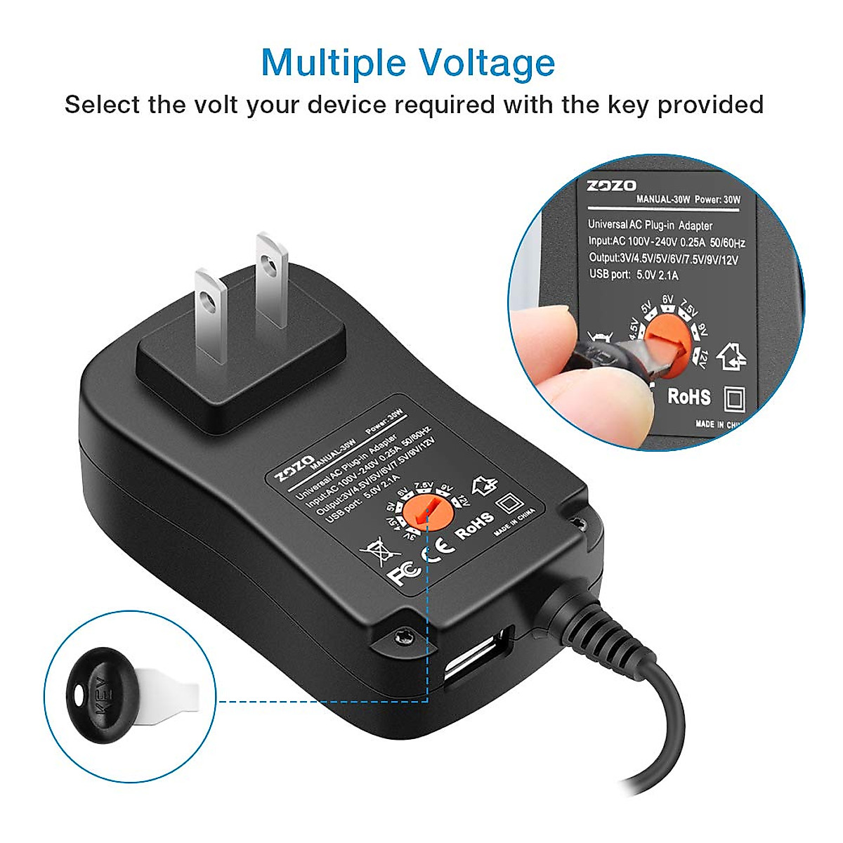 ZOZO 30W Universal AC Adapter with USB Port and 8 Tips, Adjustable Voltage 3V 4.5V 5V 6V 7.5V 9V 12V DC Power Supply for Household Electronics LED Strip Lights Phone Tablet Webcams Speakers USB Hubs