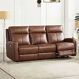 Hydeline Vienna Zero Gravity Power Recline and Headrest 100% Top Grain Leather Sofa with Built-in USB-Ports, Pecan