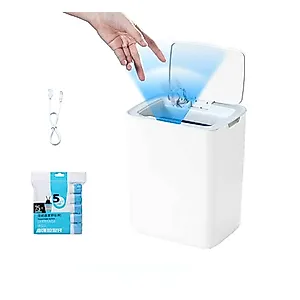 ENFILY Automatic Infrared Motion Sensor Trash Can with Lid, 3.7 Gallon/14 L Smart Electric Touchless Handsfree Kick Garbage Bin, USB Rechargeable Waste Container With 75 Counts (5 Rolls)Drawstring Trash Bag
