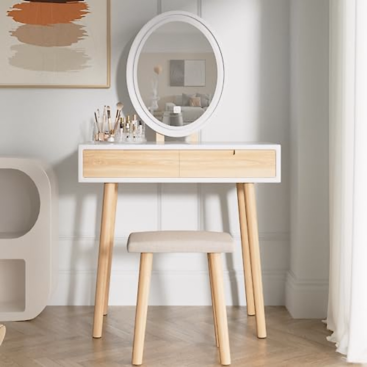 YOURLITE Makeup Vanity Desk with Lights,Small Vanity with Adjustable Brightness Mirror for Samll Spaces,Vanity Desk with Drawers (31.5", Oval Mirror Wood)