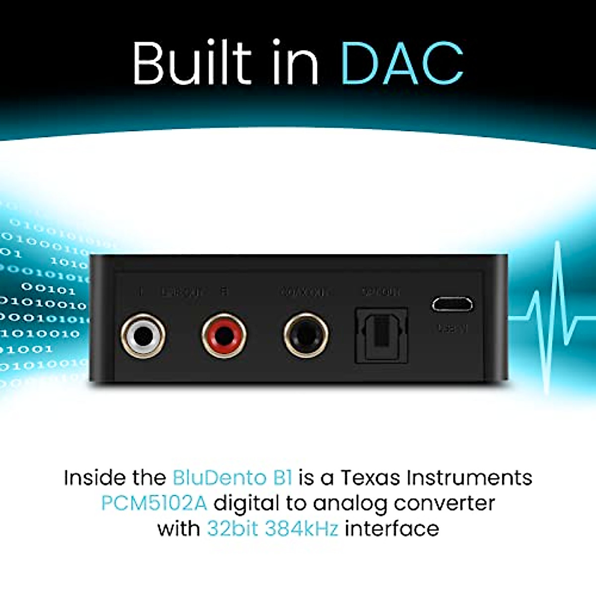 BluDento B1 Bluetooth Stereo Receiver, HD True Hi-Fi V5.1 Audio Receiver, Onboard TI DAC for Analog Stereo RCA Output with Long Range, Digital Coaxial and Optical Output with NFC Pairing Enables