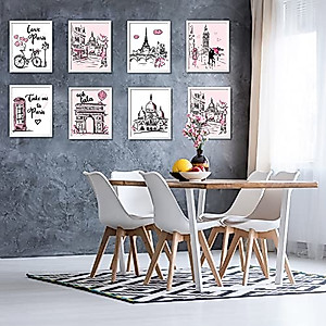 Pajean 9 Pieces Paris Wall Art Prints, Pink Eiffel Tower Bedroom Decor Romantic Paris Theme Room Decor Unframed Art Poster Decor for Girls Living Room Bathroom Kitchen Office Decor, 8 x 10 Inch
