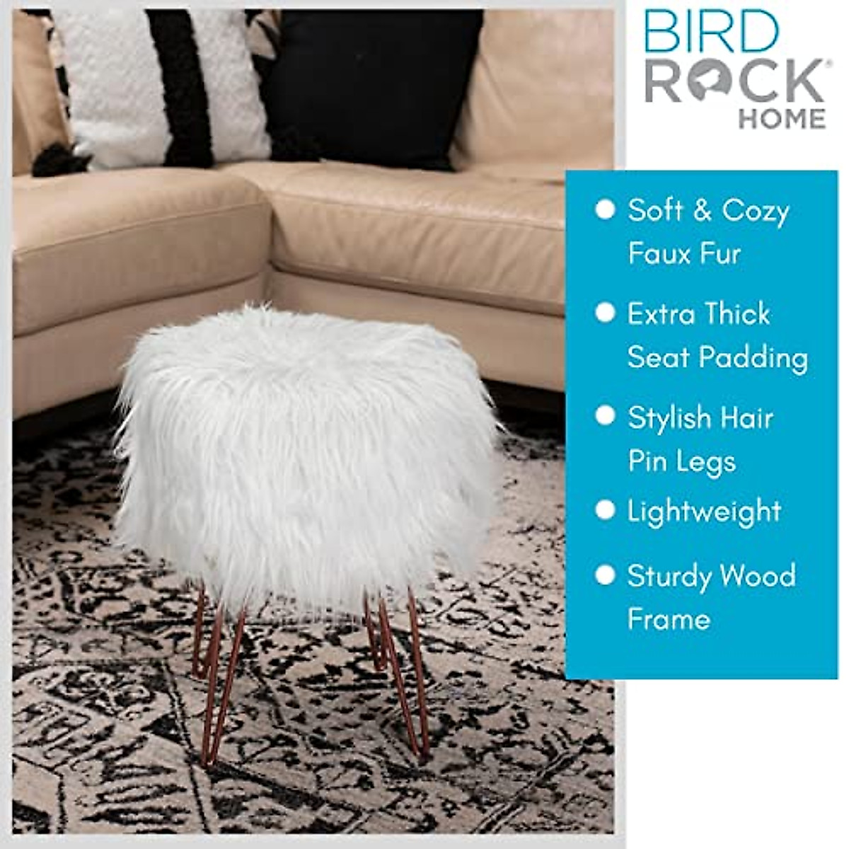 BIRDROCK HOME White Faux Fur Vanity Stool Chair - Soft Furry Compact Padded Seat - Vanity, Living Room, Bedroom and Kids Room Chairs - Hair Pin Metal Legs Upholstered Decorative Furniture Foot Rest