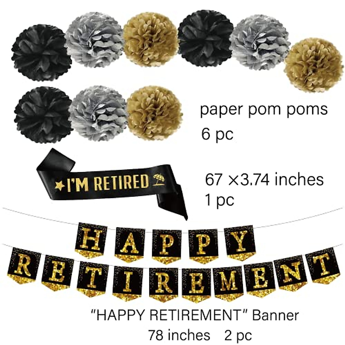 retirement party decorations banner gifts - (22pack) happy retirement gold banner, 6 paper Poms, 6 Hanging Swirl, 7 decorations stickers. retirement sash for men and women (GOLD BANNER)
