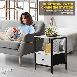GORZING Nightstand with Charging Station, Small End Table, Narrow Side Table with Drawer, Rustic Bedside Tables for Bedroom, Living Room, White
