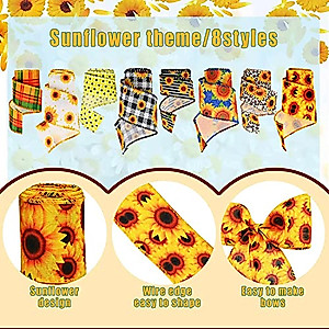 Kuscul 8 Rolls 32 Yards Sunflower Wired Ribbon Fall Autumn Wired Edge Ribbon Thanksgiving Fabric Decorative Ribbon for Gift Wrapping Hair Bow Sewing Crafts Wreath, 2.5in/ 1.5in