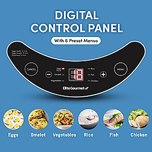 Elite Gourmet EGC314CB Digital Easy Egg Cooker Food Steamer, Poacher, Omelet, Soft, Medium, Hard-Boiled Egg with 6 Programmed Preset Functions, 2-Tiers, Measuring Cup, BPA Free, 14 egg capacity, Black