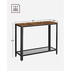 VASAGLE Console Table, 2-Tier Entryway Table with Mesh Shelf, Narrow Sofa Table, Steel Frame, Adjustable Feet, for Hallway, Living Room, Industrial Style, Rustic Brown and Black ULNT80X