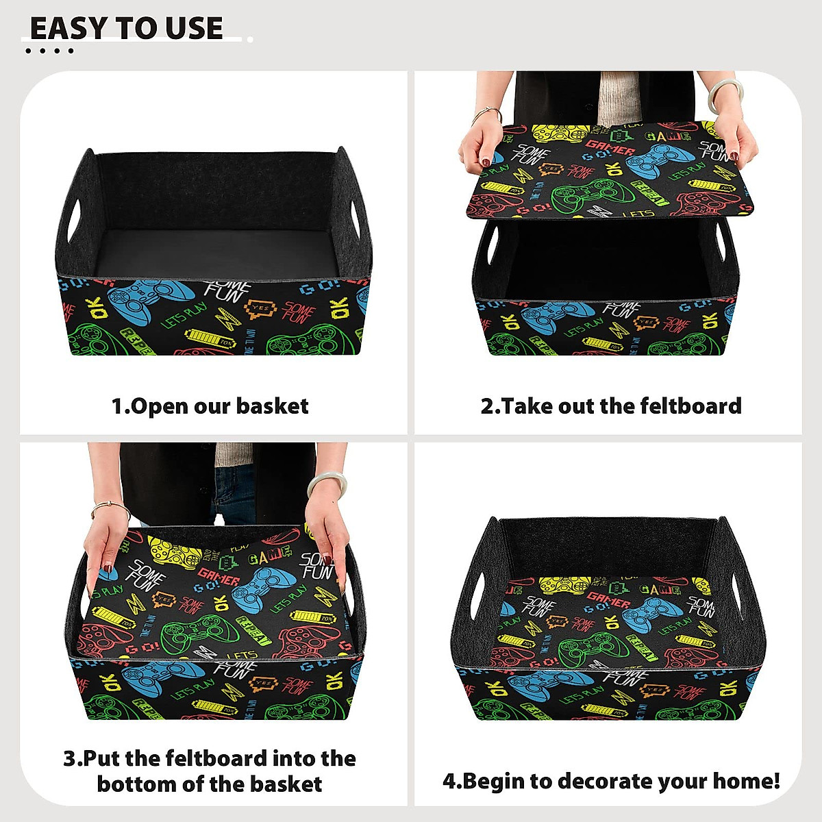 Fabric Storage Cube Gamepad Anime 13.7 × 10.2 × 5.1 inch Decorative Foldable Storage Basket Organizer with Handles Rectangle Thick for Multi Use