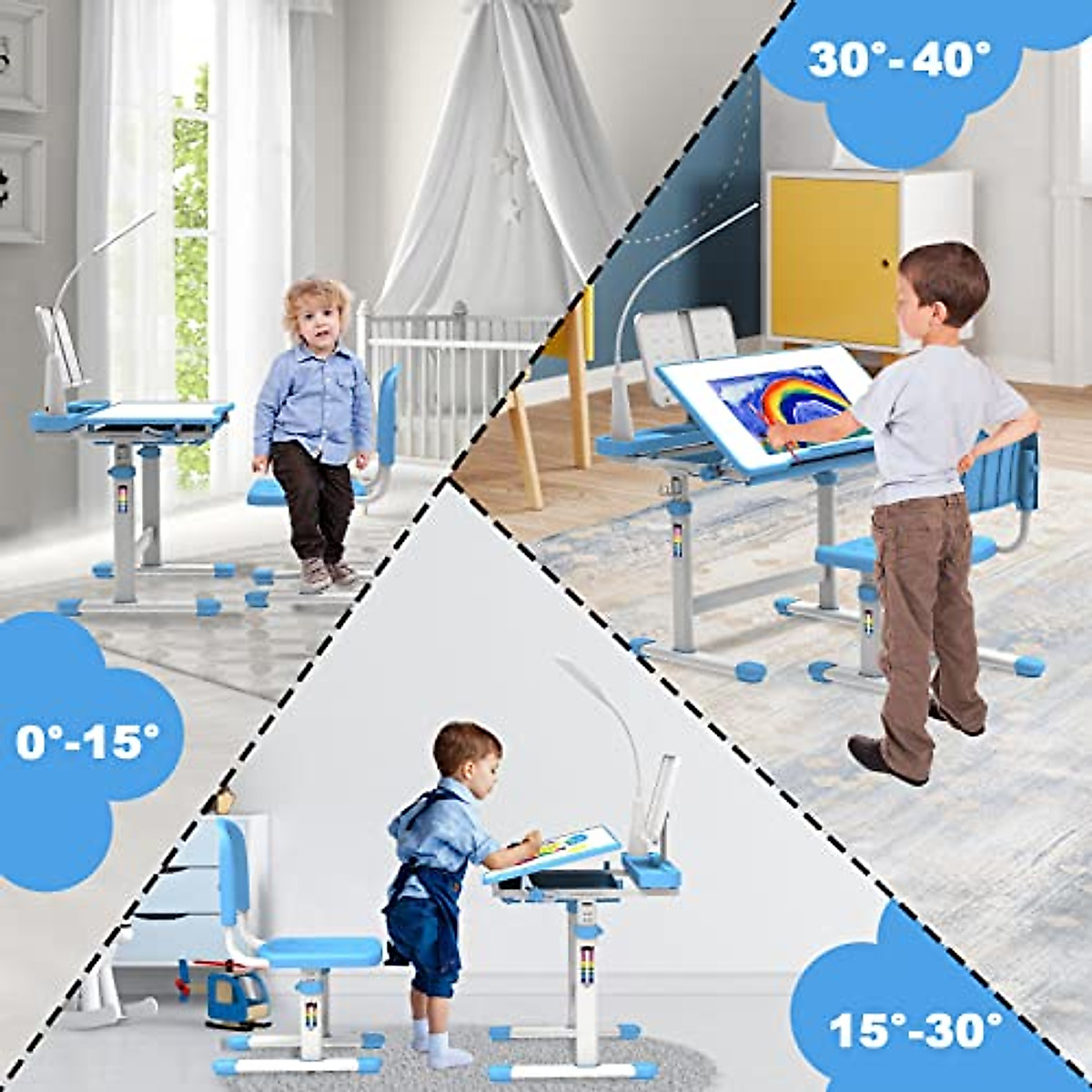 BELANITAS Kids Desk and Chair Set 5-8 Year Old, Height Adjustable Study Desk for Kids, Children’s Desk and Chair Set Desk w/Chair, Boys Desk for Students Desk w/Tiltable Desktop, Blue