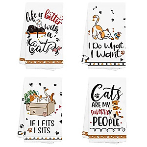Hexagram Cat Funny Kitchen Towels Decorative Set of 4-Cat Lover Gifts for Women-Cat Lover Owners Mom Gifts-Housewarming Gifts-Cat Hand Towels for Kitchen-Cute Dish Towels-Tea Towel-Cat Kitchen Decor