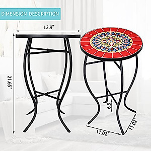 VCUTEKA Mosaic Outdoor Side Table - Small Patio Table Coffee Table Outside Accent Table Round End Plant Table for Bistro Balcony Porch Outdoor Benches 14'' Mosaic Table Red