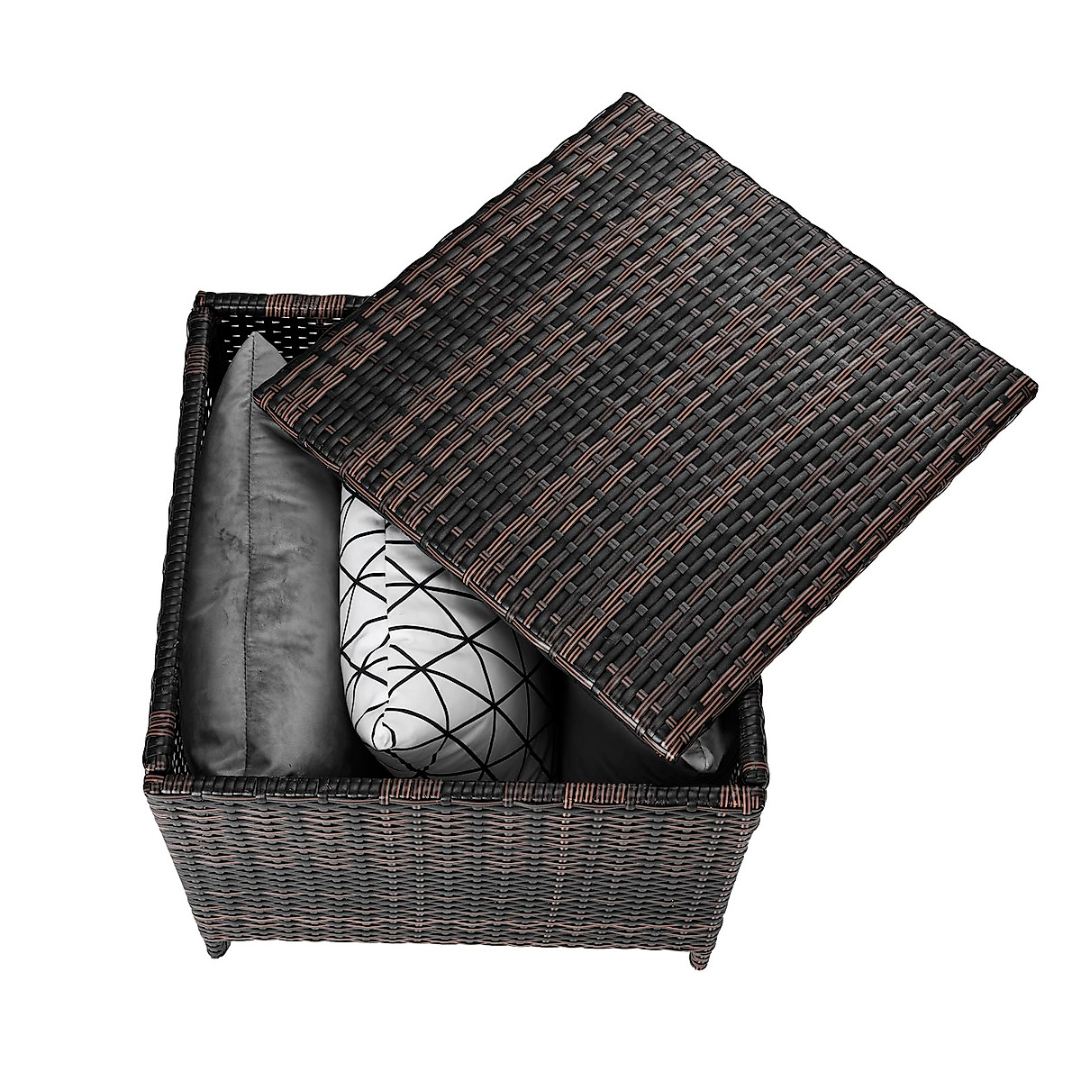 VINGLI 27 Gallon Outdoor Deck Box, Wicker Outdoor Storage Box with Lid, Small Storage Bin Container for Outside and Patio, Outdoor Rattan Side Table for Patio (Rectangular), Brown