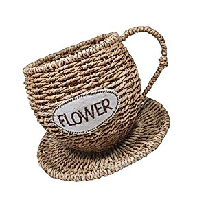 Cabilock Woven Teacup Flower Basket Rattan Woven Basket Desktop Decor Woven Flower Vase Fiddle Leaf Fig Wicker Woven Basket Dining Table Planter Water Plant Weaving Indoor Household Basket