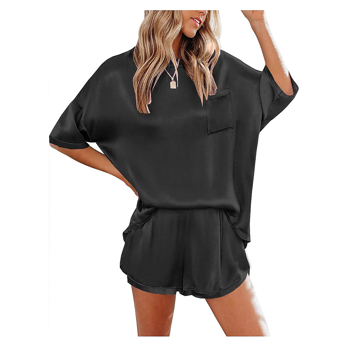 BEKOFO Women's Satin Silky Pajama Set Short Sleeve T-shirt With Shorts Set PJ Loungewear Brimaide Silk Lounge Sets Pajamas Gift for Wife Black X-Large