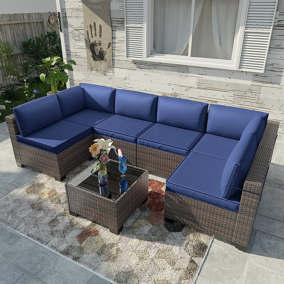 Kullavik 7 Pieces Outdoor Patio Furniture Set Sectional Rattan Sofa Brown Manual Wicker Patio Conversation Set with Navy Blue Cushions,1 Tempered Glass Tea Table and Cushions Covers