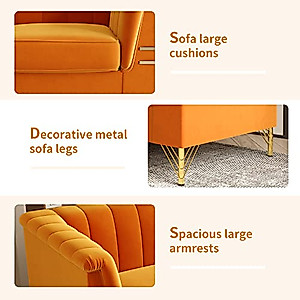 Kadway Velvet Sofa Couch for 3-4 Persons, 83" Mid-Century Modern Couch with Gold Metal Legs, Chesterfield Sofa 3 Seater Sectional Couches, Large Load Sofa Couch for Living Room Office Hotel Orange