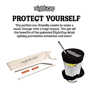 NightCap Drink Cover Scrunchie and Straw Kit Bundle - The Drink Spiking Prevention Scrunchie As Seen on Shark Tank with 2 Stainless Steel Straws, Straw Brush, 2 Silicone Tips, & Stylish Duvet Pouch