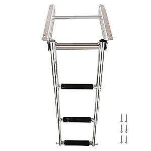 Mojiate Stainless Steel 3 Step Telescoping Folding Boat Boarding Ladder with Press-Type Spring ，for Boat Yacht Swimming Pool，Rated to 400 Pounds