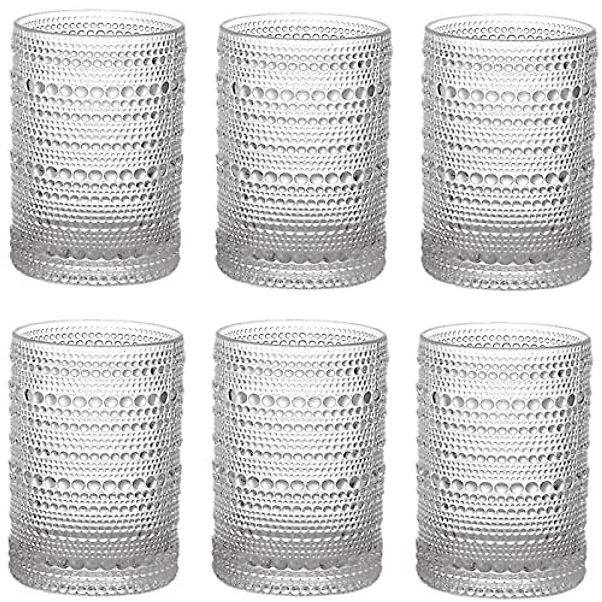 ZOOFOX Set of 6 Vintage Drinking Glasses, 12 oz Clear Hobnail Glasses Tumbler, Embossed Design Glassware for Beverages, Water, Juice, Beer, Cocktail, Whiskey and Milk