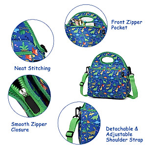 Kasqo Lunch Bag for Kids, Neoprene Insulated Boys Lunch Boxes Children’s Lunch Tote with Front Pocket and Detachable Adjustable Shoulder Strap in Cute Dinosaur