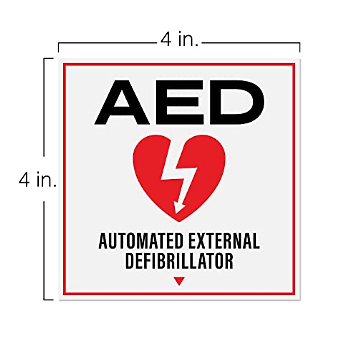 AED Stickers 4-Pack | Automated External Defibrillator Red and White Signs, Durable Self Adhesive Weatherproof Vinyl Decals, 4" x 4"
