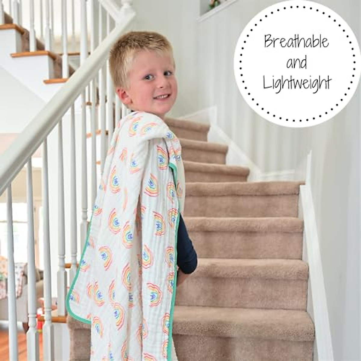 LollyBanks Muslin Baby Blanket, 100% Cotton Lightweight Muslin Quilt, 47 x 47 Inches 6 Layers Baby Blanket for Boys and Girls, Soft and Breathable Baby Quilt, Baby Essentials (Rainbow Print)