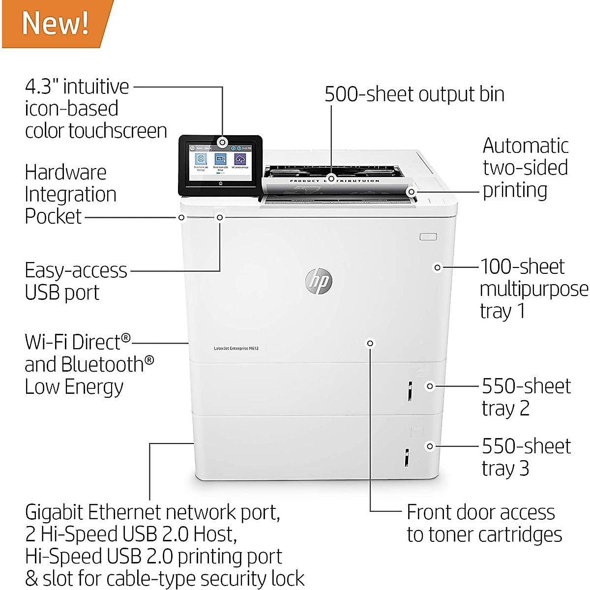 HP Laserjet Enterprise M612x Single-Function Wireless Monochrome Laser Printer, White - Print only - 4.3" Touchscreen, 75 ppm, 1200 x 1200 dpi, Auto Duplex Printing, Ethernet - Cbmou External Webcam