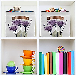 Tulip Square Storage Basket Purple Flower Storage Bins Canvas Storage Organizer Closet Shelf Organizer for Home Office, 1 Pc