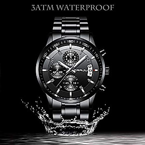 CRRJU Men's Black Watch Fashion Business Chronograph Quartz Wristwatches,Luxury Stainsteel Steel Band Waterproof Watch for Men