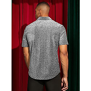 WDIRARA Men's Button Front Short Sleeve Collar Glitter Shirt Metallic Party Club Tops Pure Silver M