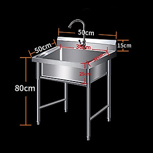 Katzowen Stainless Steel Kitchen Sink Home Commercial Sinks Outdoor Indoor Freestanding Single Bowl Sinks, for Restaurants, Catering, Laundry Room, Garage, Easy to Use and Clean 50×50×80cm